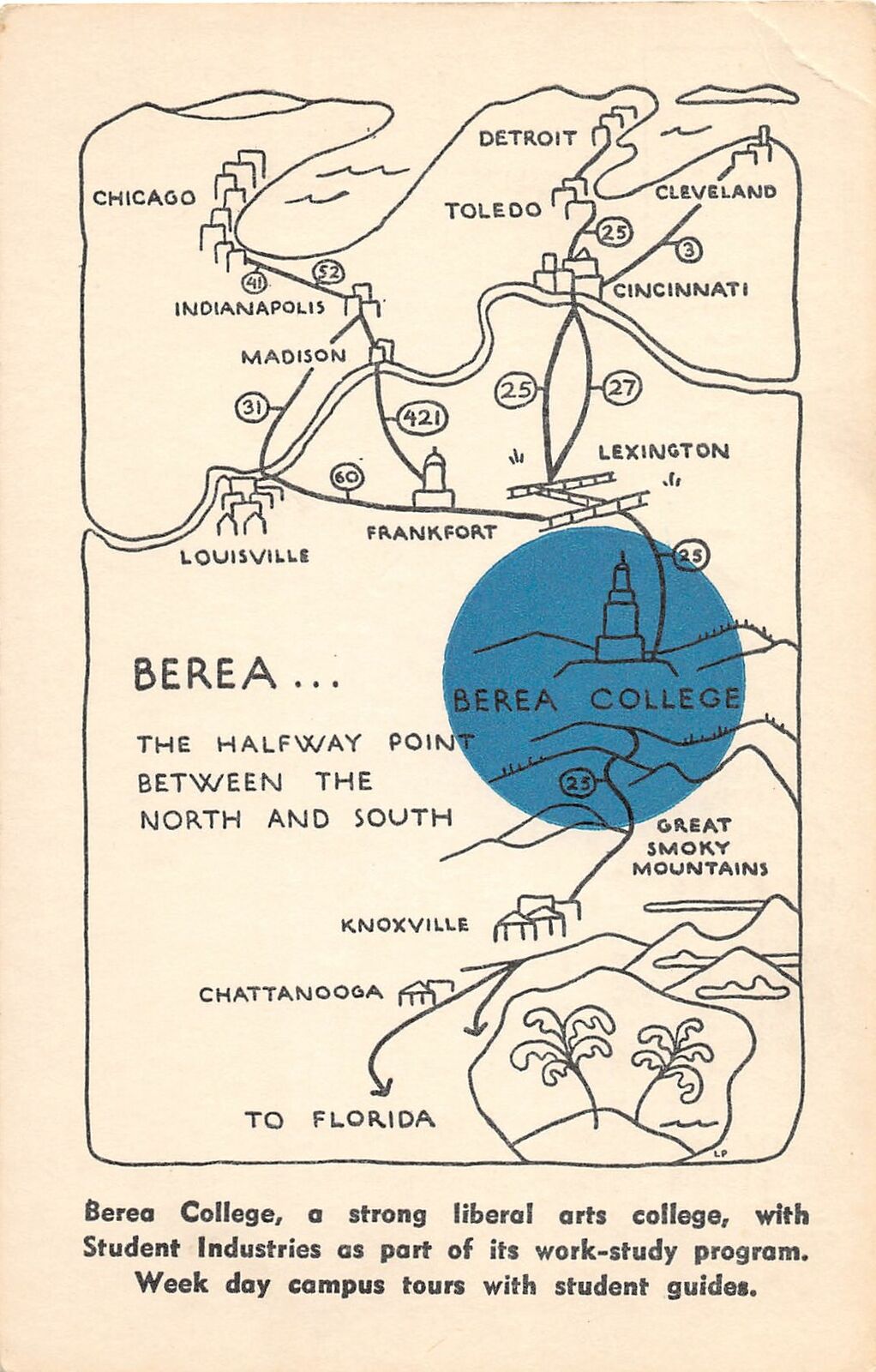 F72/ Berea Kentucky Postcard c1940s Map Berea College Liberal Arts ...