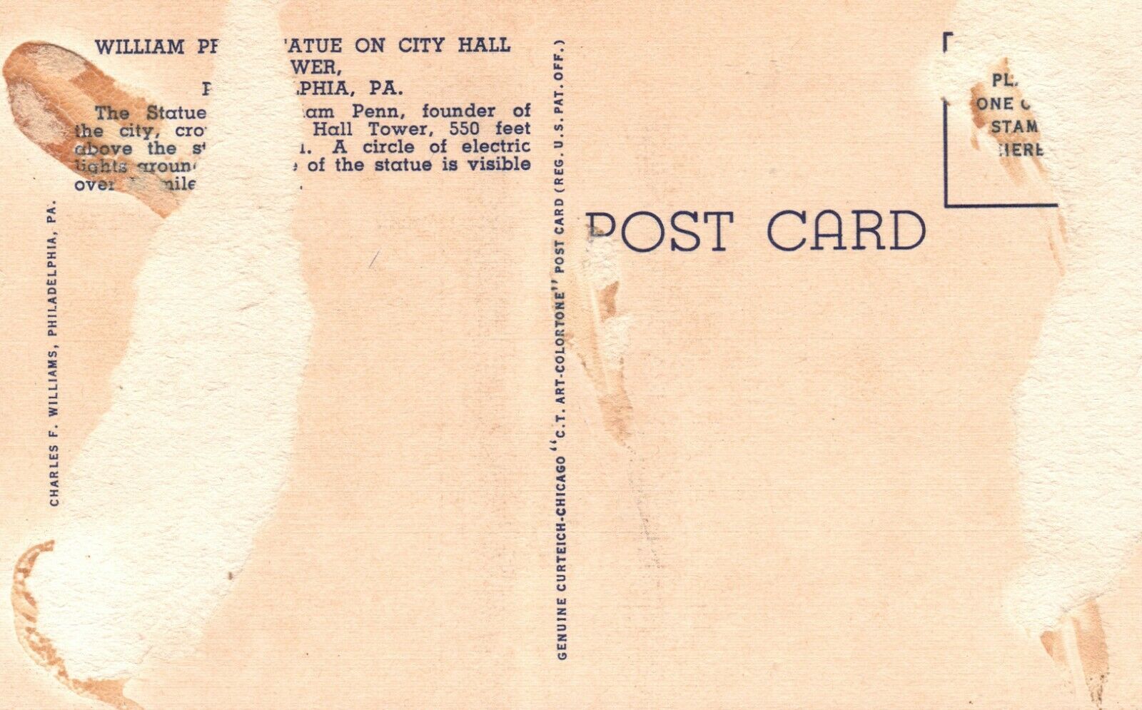 Vintage Postcard 1930's William Penn Statue on City Hall Tower ... Vintage Postcard 1930's William Penn Statue on City Hall Tower ...