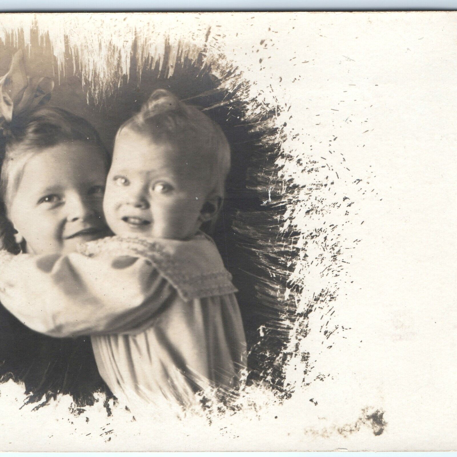 c1900s UDB Cute Little Girl Baby Boy Hug RPPC Negative Border Paint ...