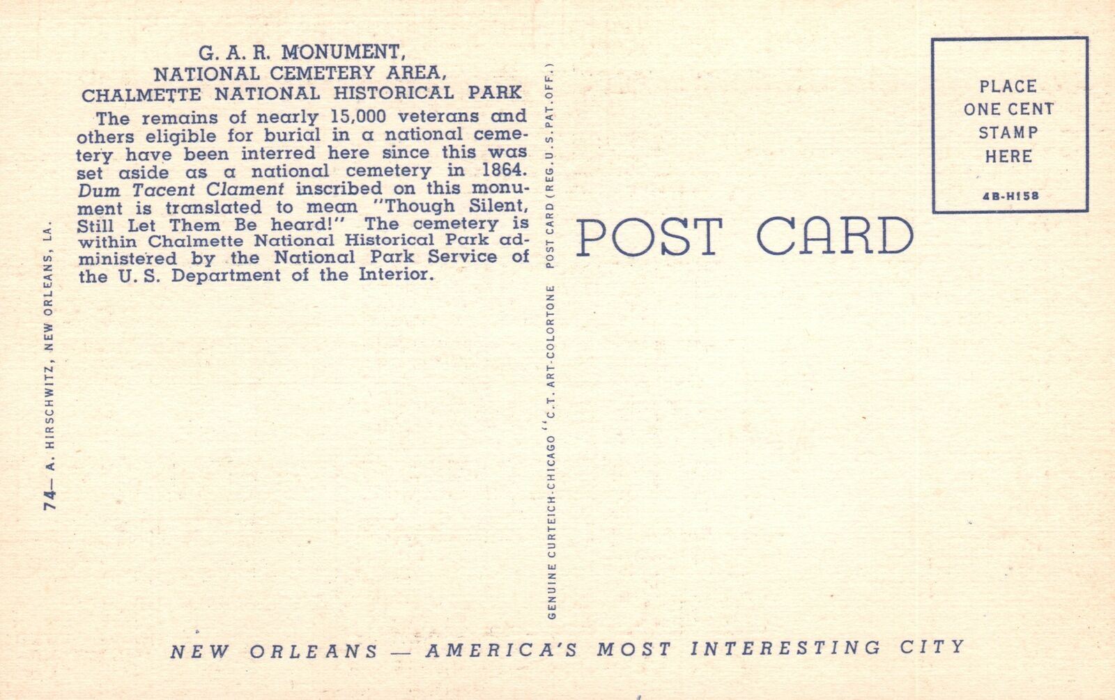 Vintage Postcard GAR Monument National Cemetery Area Park New Orleans ...