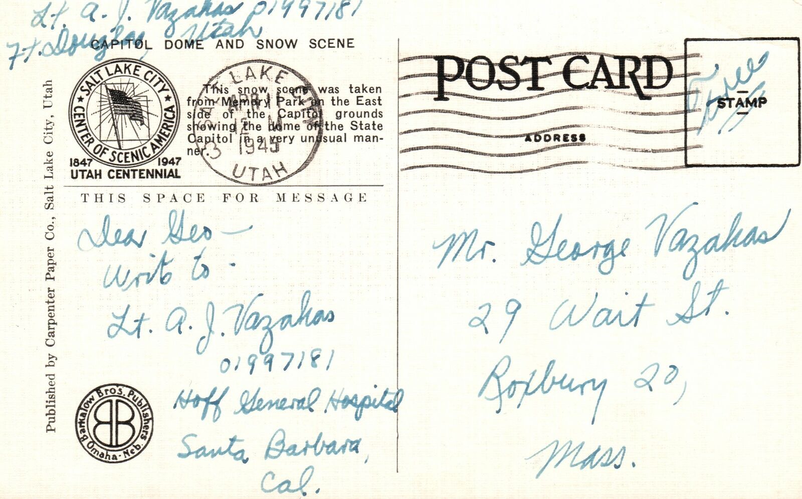 Vintage Postcard 1945 Capitol Dome Snow Scene Memory Park Salt Lake ...