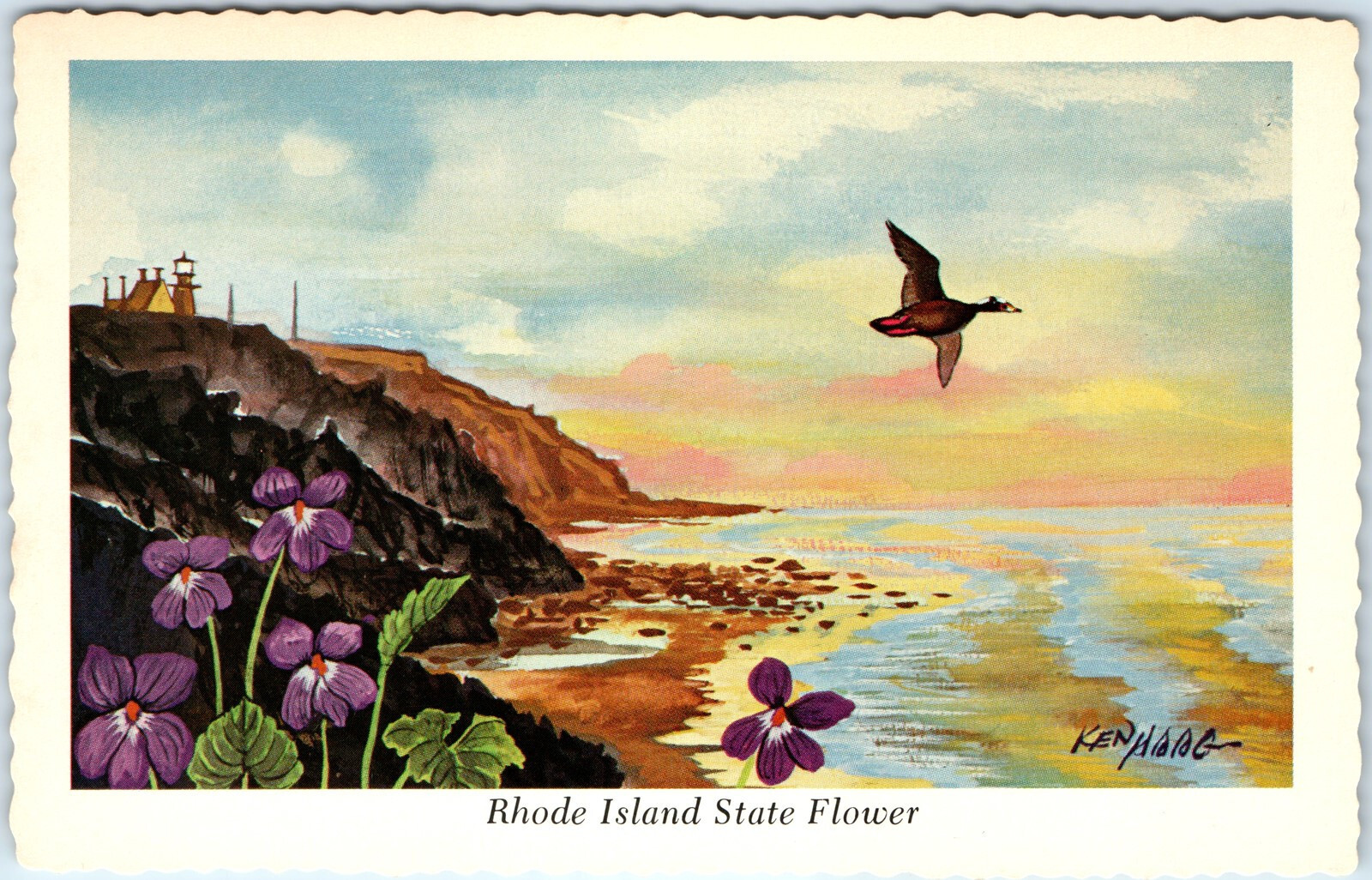 1973 RI Rhode Island Flower Violet Lighthouse Beach Ken Haag Painted ...