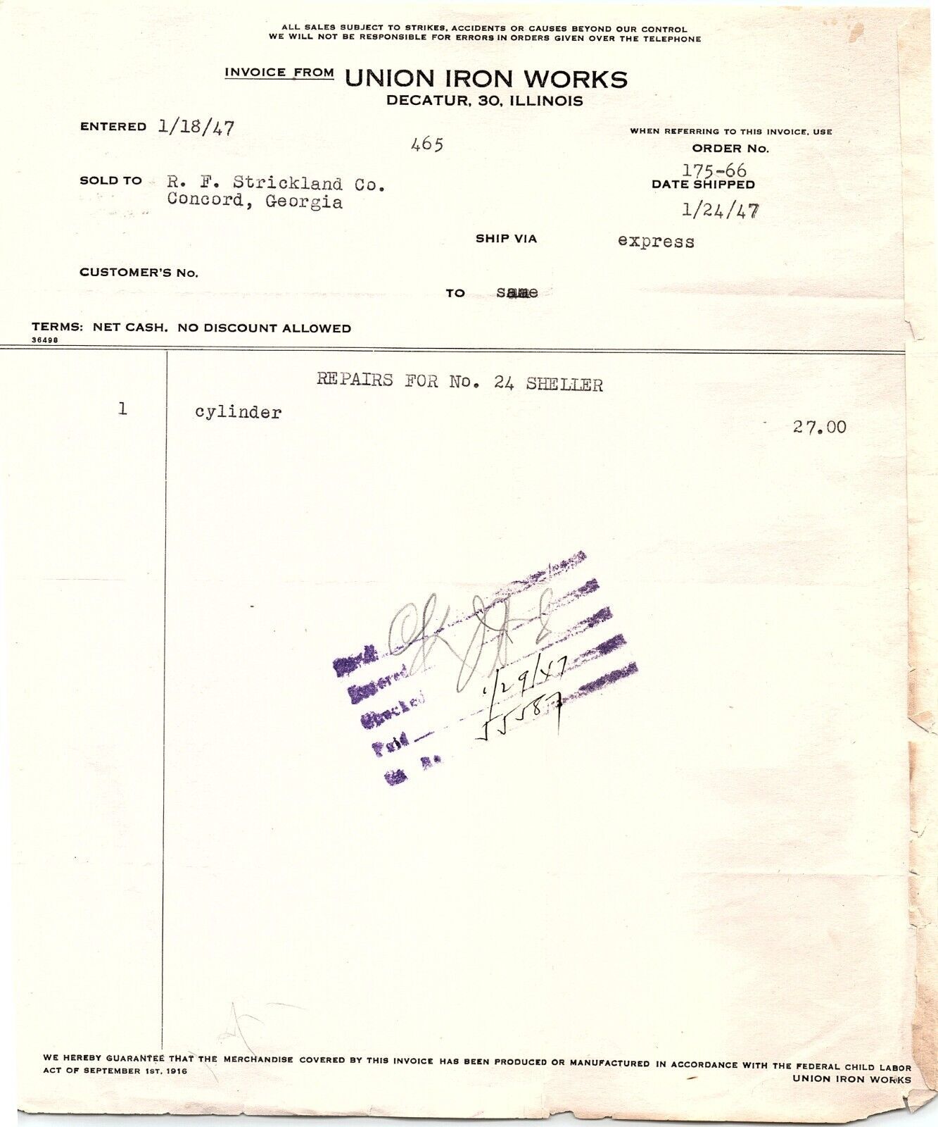 1947 Union Iron Works Decatur Illinois R.F. Strickland Invoice Billhead ...