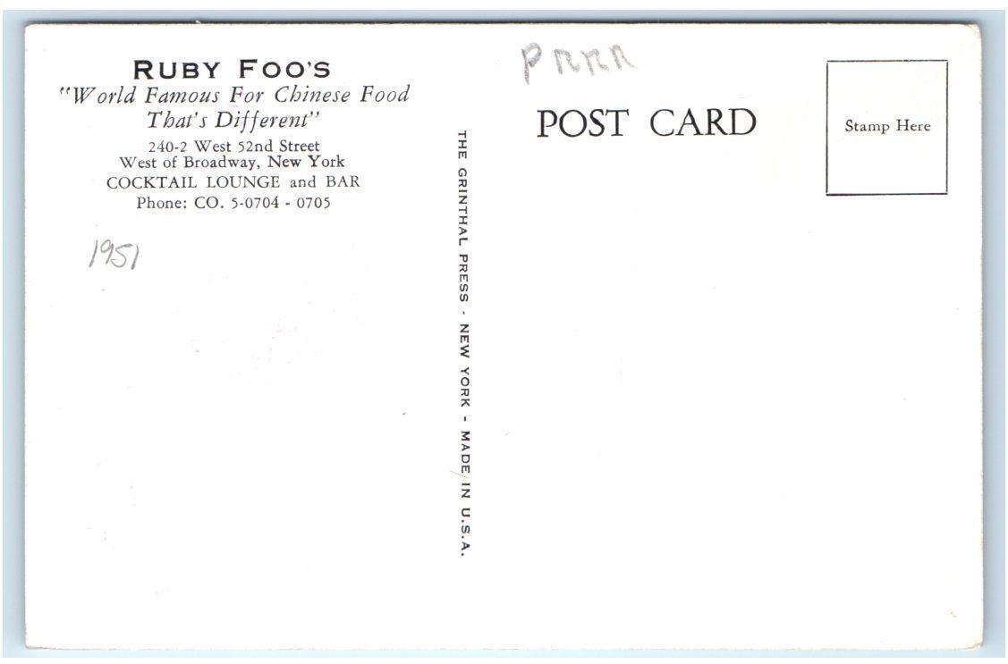 NEW YORK CITY, NY ~ Roadside RUBY FOO'S Chinese RESTAURANT 1951 ...