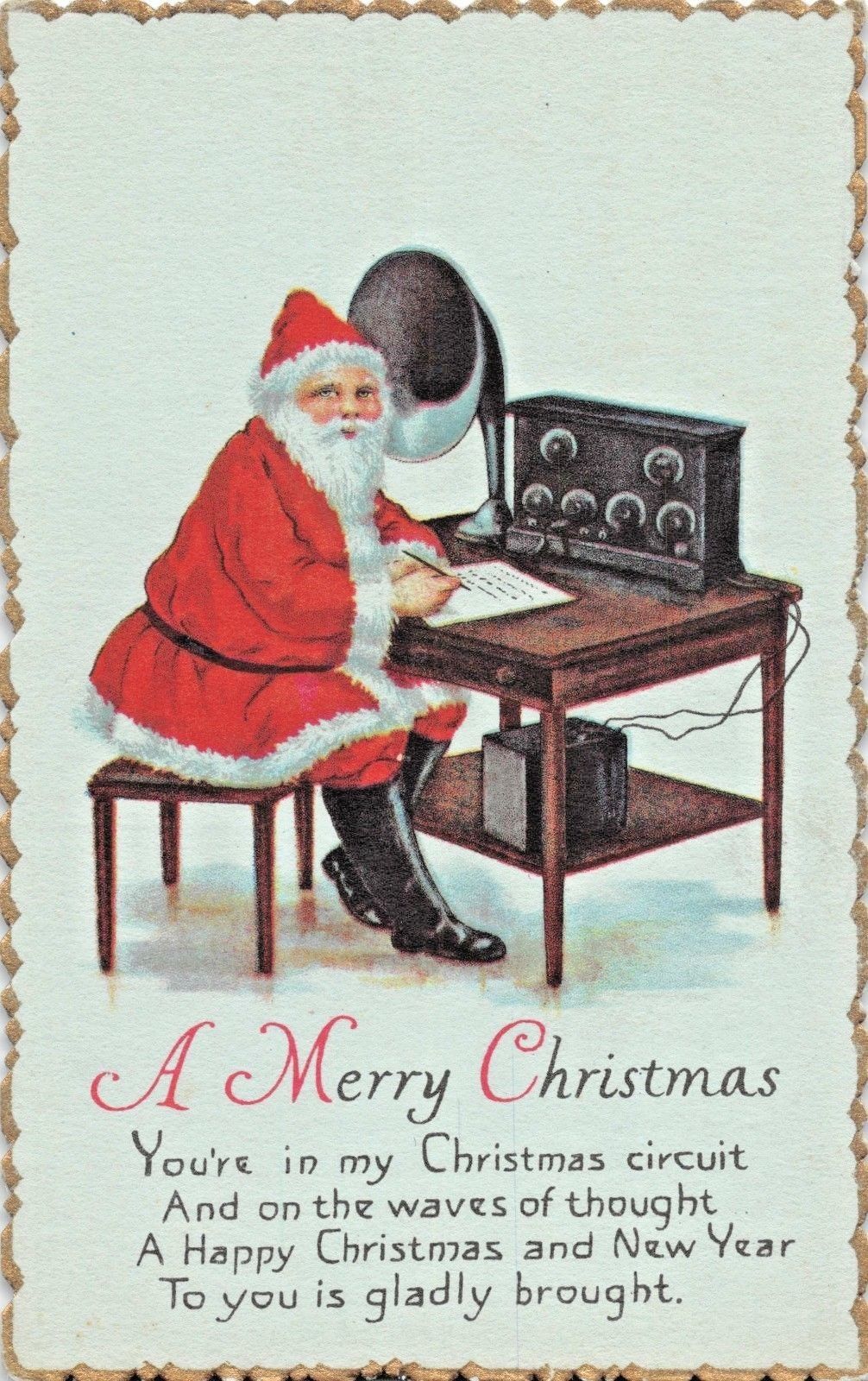 Santa Claus Escucha a Vintage Radio-Circuit-Waves Feliz Navidad Tarjeta ...