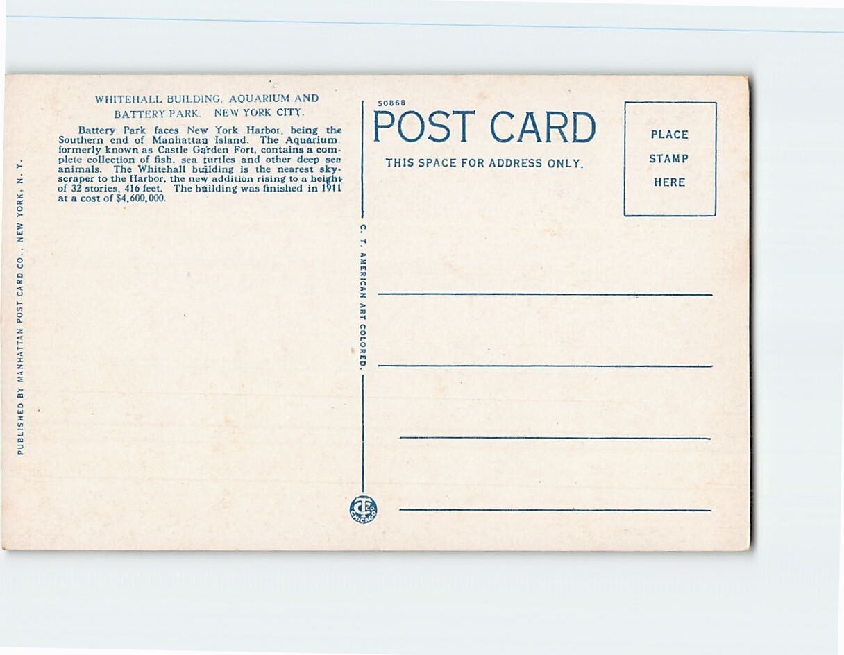 Postcard Whitehall Building Aquarium and Battery Park New York City New ...
