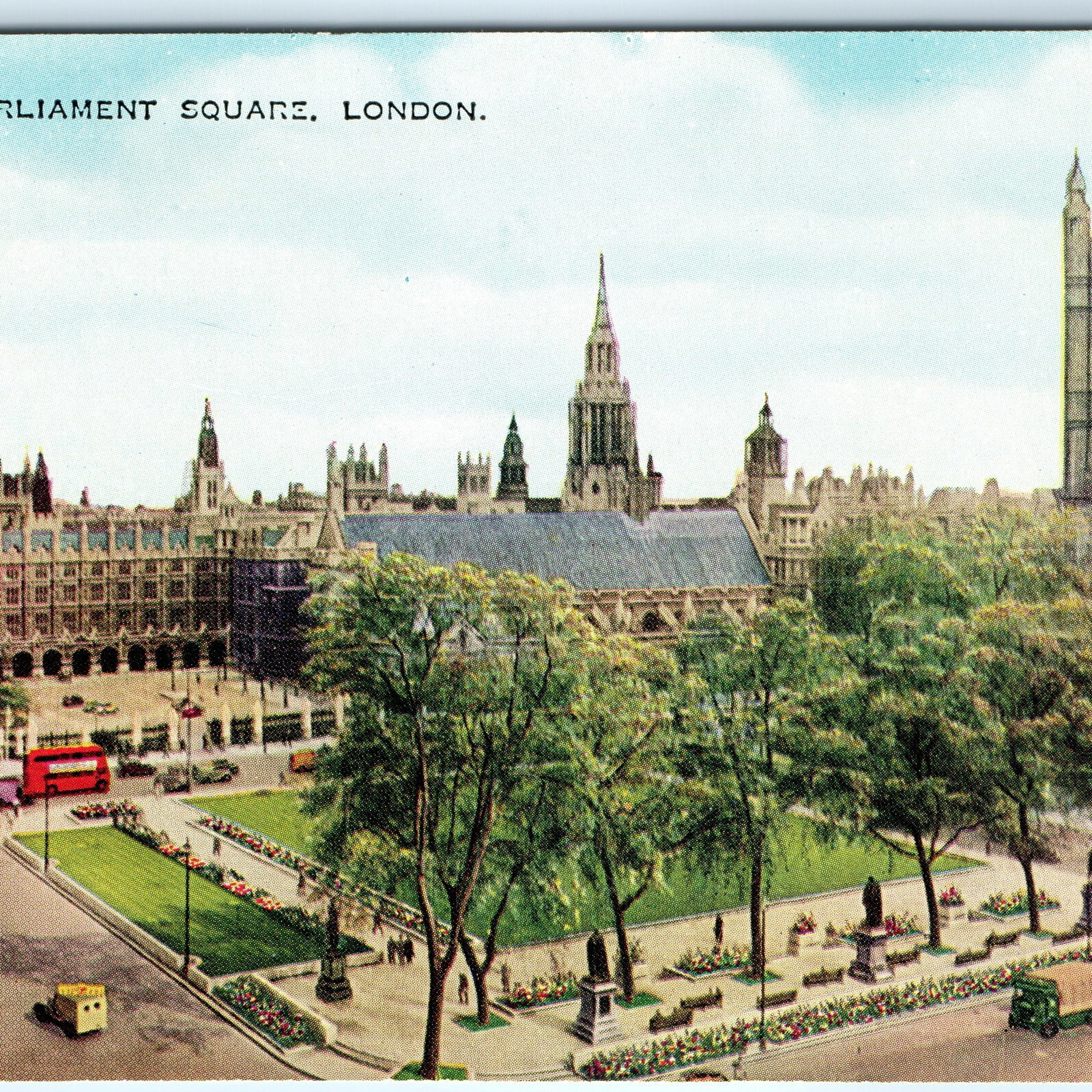 c1930s London, England Parliament Square Big Ben Clock Tower Red Bus ...