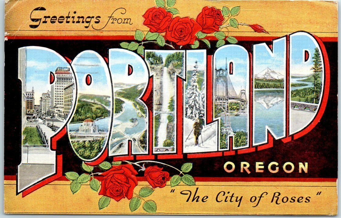 Vintage PORTLAND Oregon Large Letter Postcard "City of Roses" KROPP ...