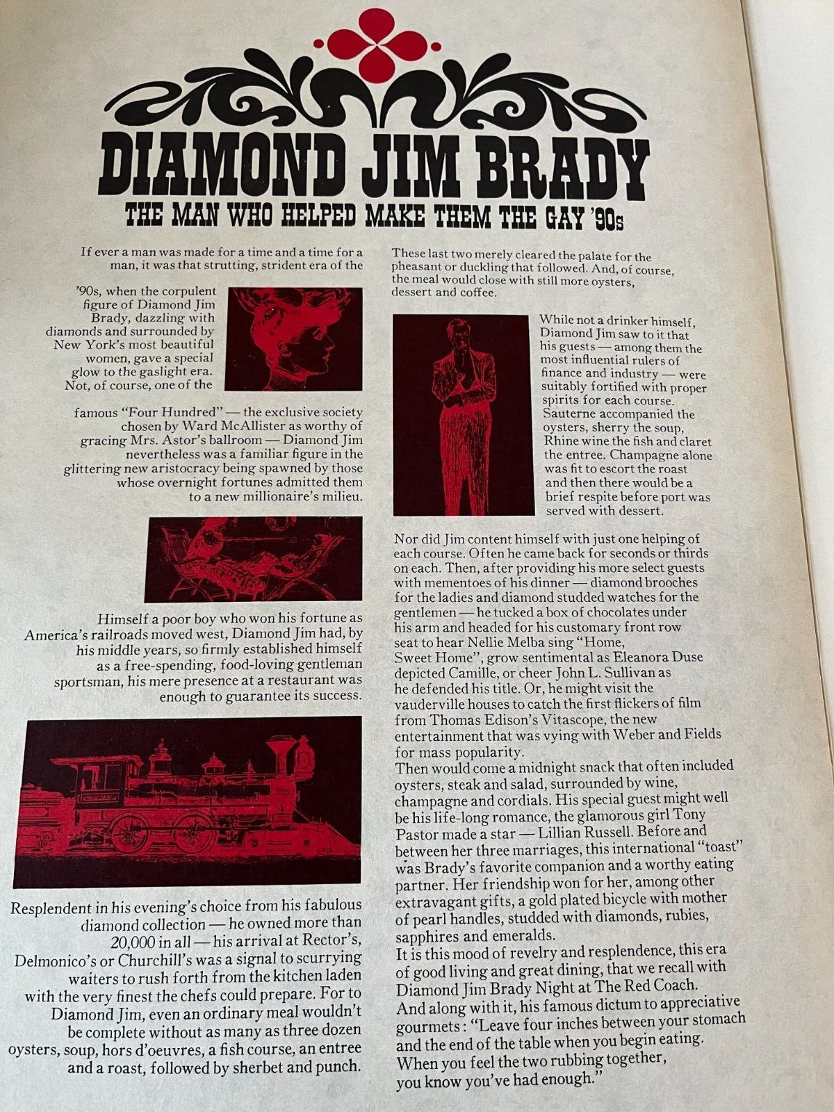 Vintage Red Coach Grill Diamond Jim Brady Night Gay 90s menu | Ephemera ...