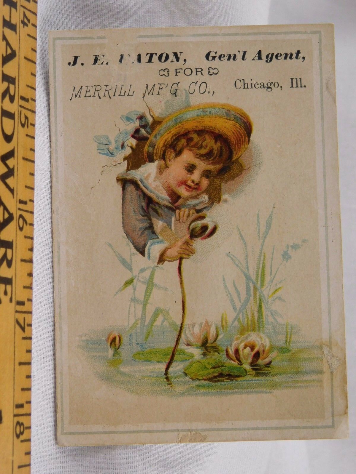 Victorian Trade Card J.E Eaton Merrill MF'G Co Sailor Boy Pond Water ...