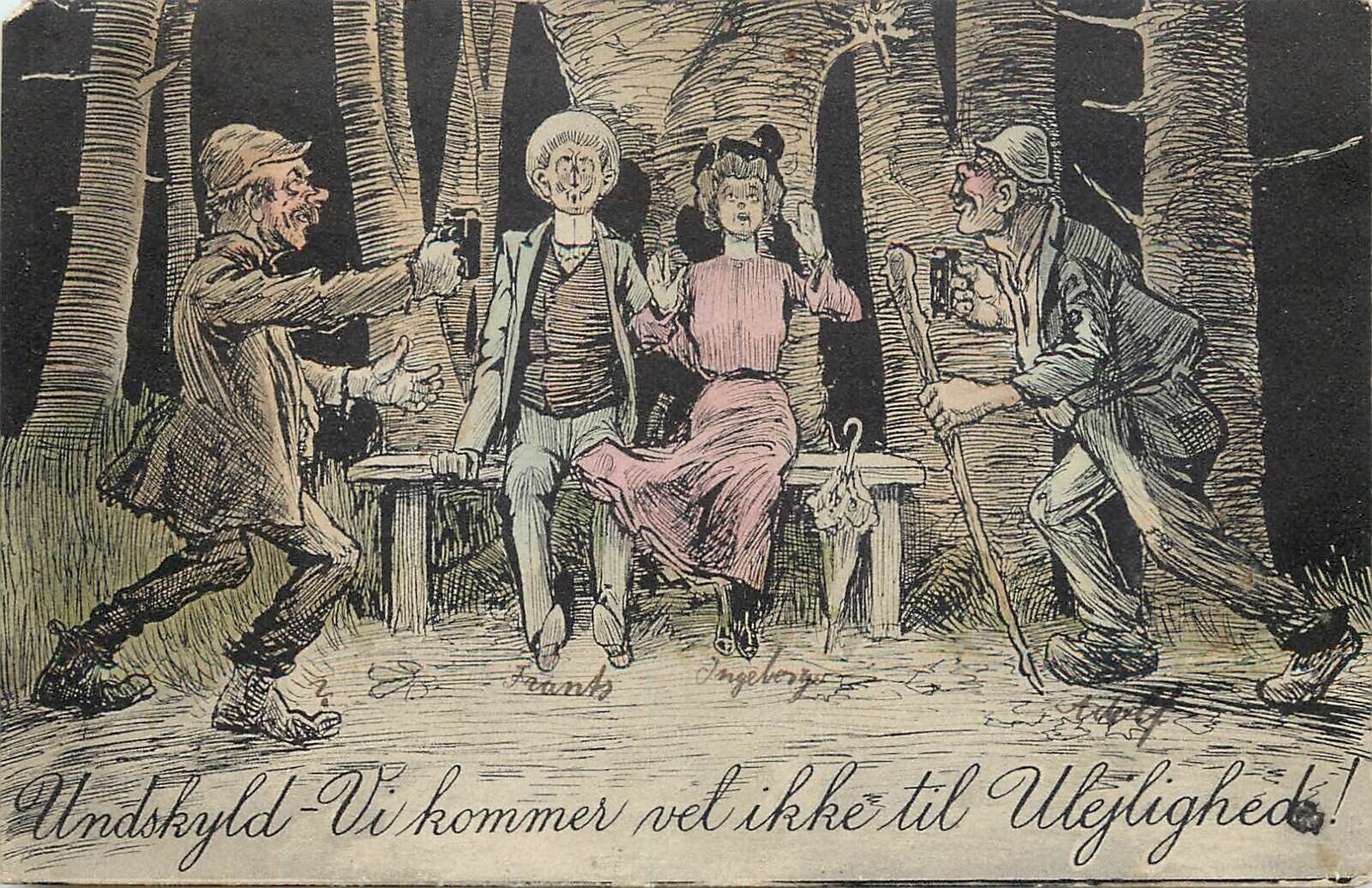 Danish humor caricature postcard drawn couple in trouble artist Carl ...