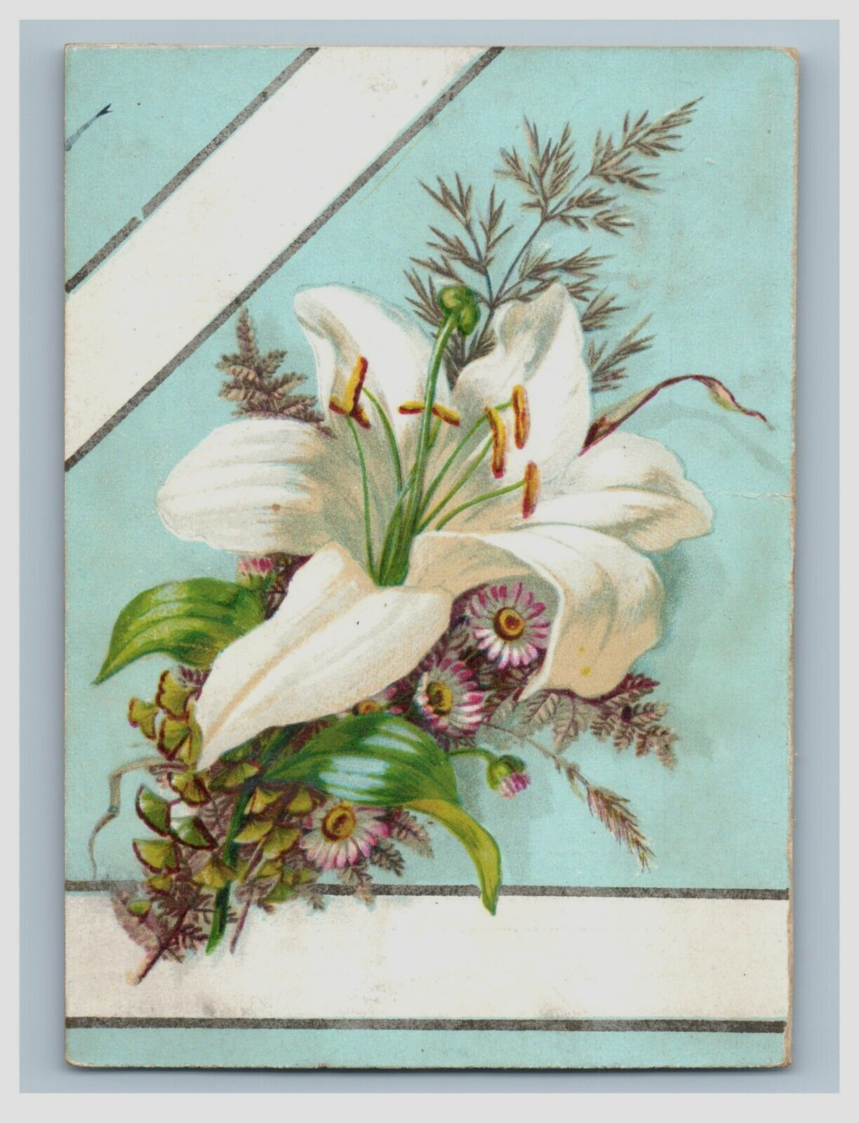 1880s Two Part Victorian Folder Card Lovely Lilies Sun Rays Clouds Fab ...