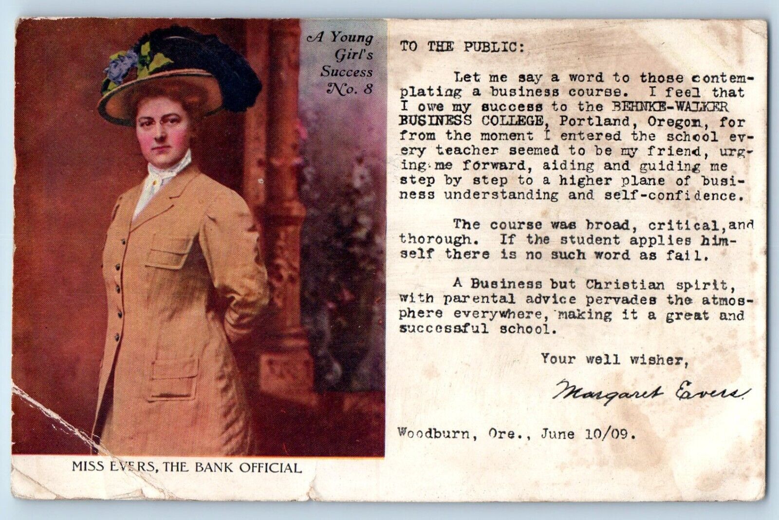 Portland Oregon Postcard Young Girl Success Miss Evers Bank Official ...