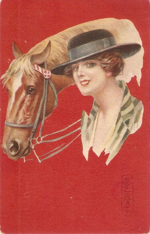 "Colombo. Lady with her horse" Old vintage Italian, artist signed ...