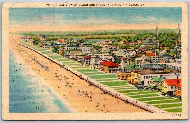 Vtg Virginia Beach VA View of Beach & Promenade Birdseye 1940s Linen ...