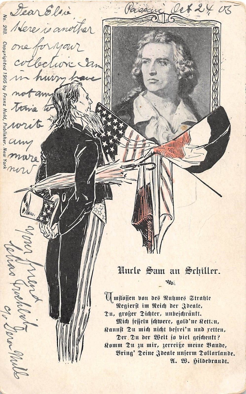 D65/ Patriotic Postcard 1906 UNCLE SAM Germany Schiller German Flags 4 ...