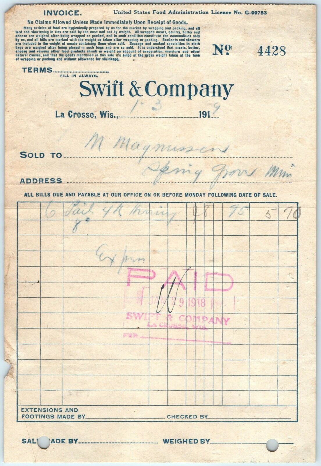 1919 La Crosse, Wisconsin Swift & Company Letterhead Receipt US Food ...