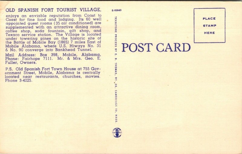 Linen Postcard Old Spanish Fort Tourist Village in Mobile, Alabama ...