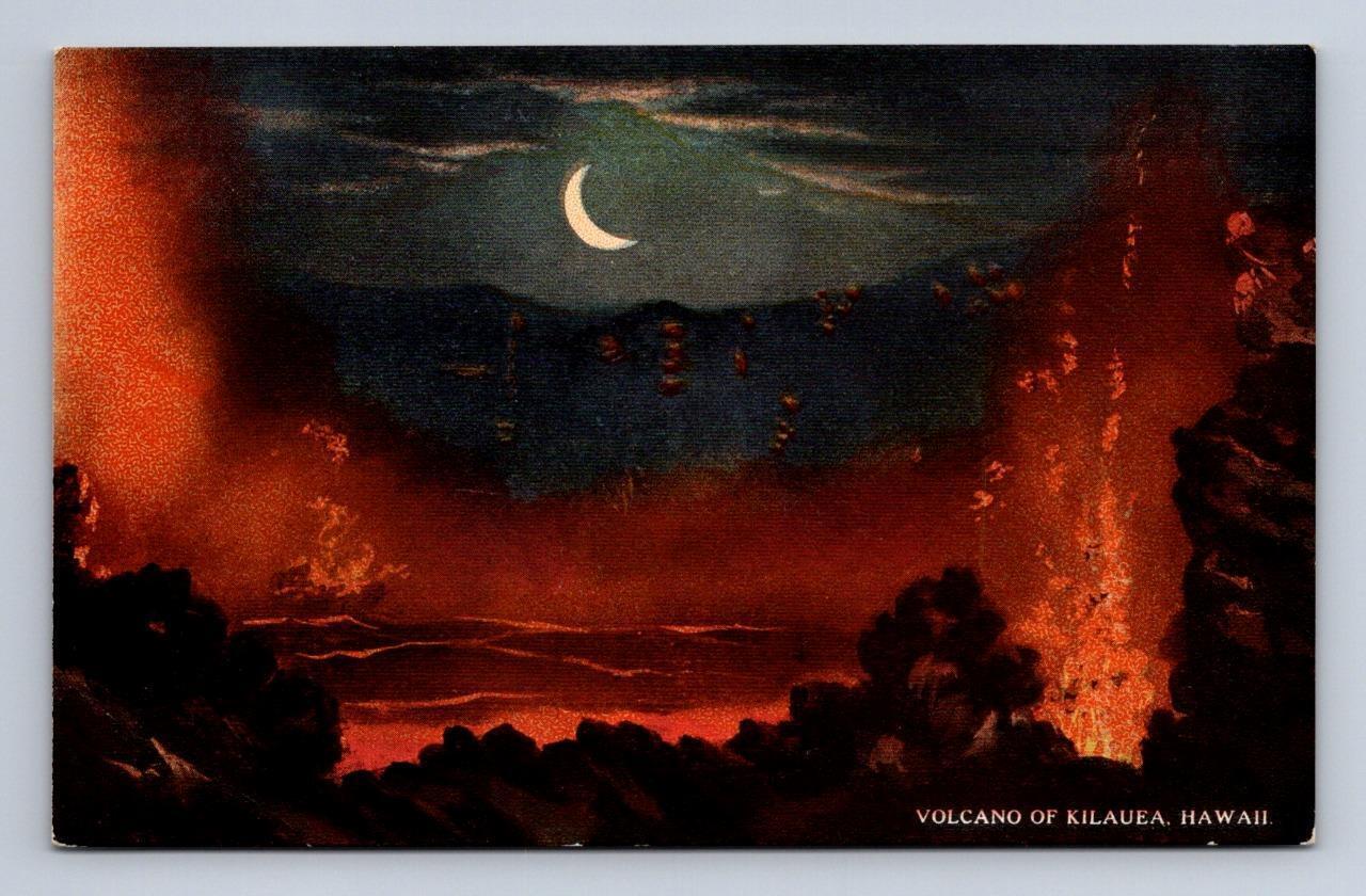 Kilauea Crater Volcano at Night Crescent Moon Hawaii Postcard (C. 1910 ...