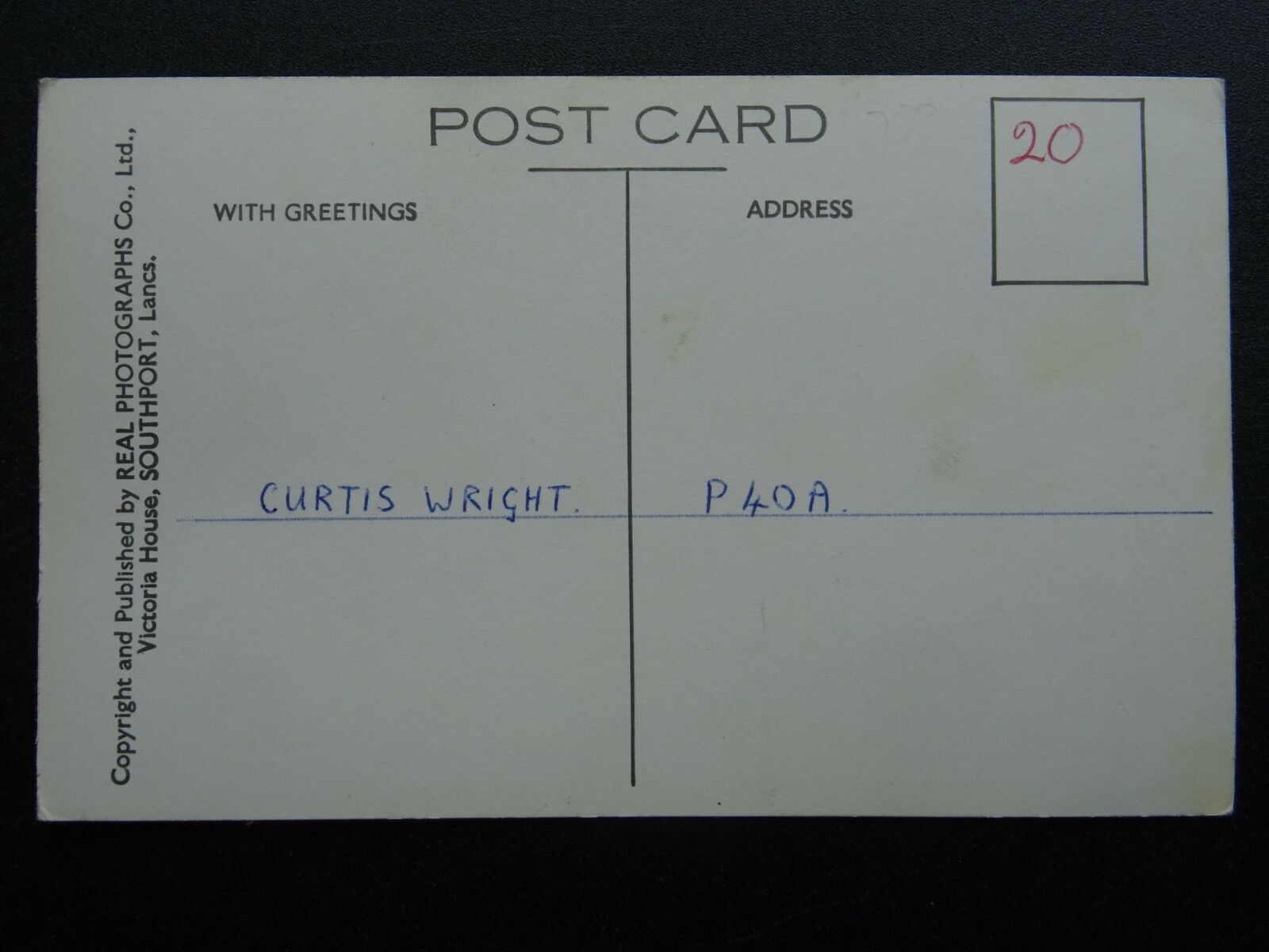 WW2 Fighter Aircraft CURTISS WRIGHT P40A c1939/1945 RP Postcard ...