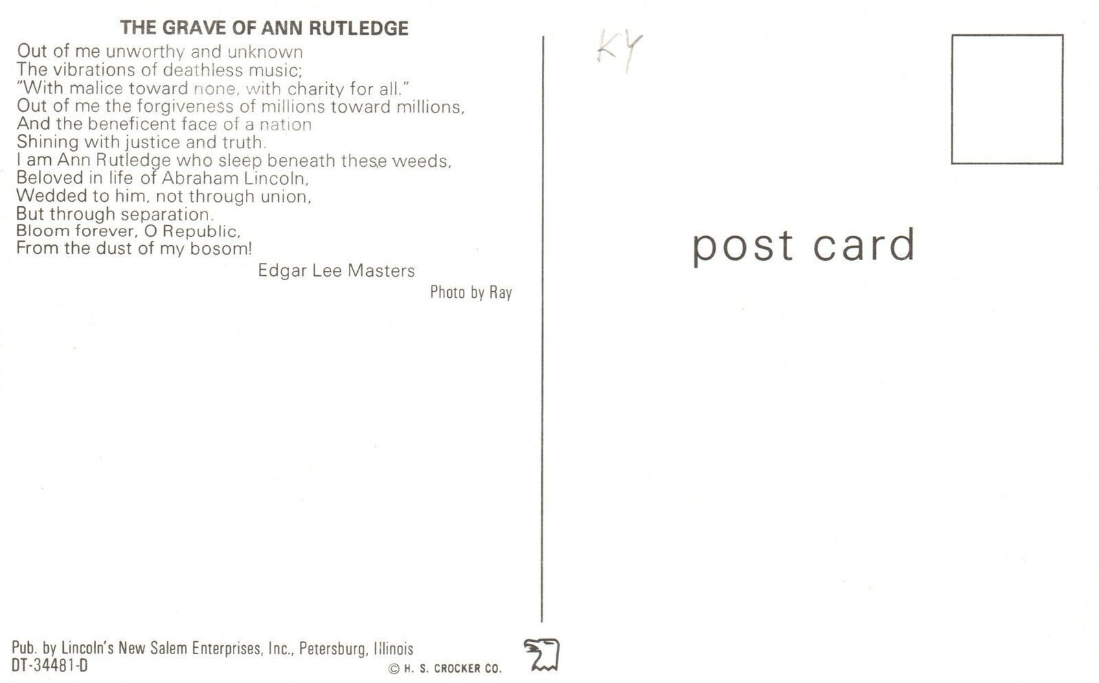 Vintage Postcard Grave Of Ann Rutledge Lincoln's New Salem Petersburg ...