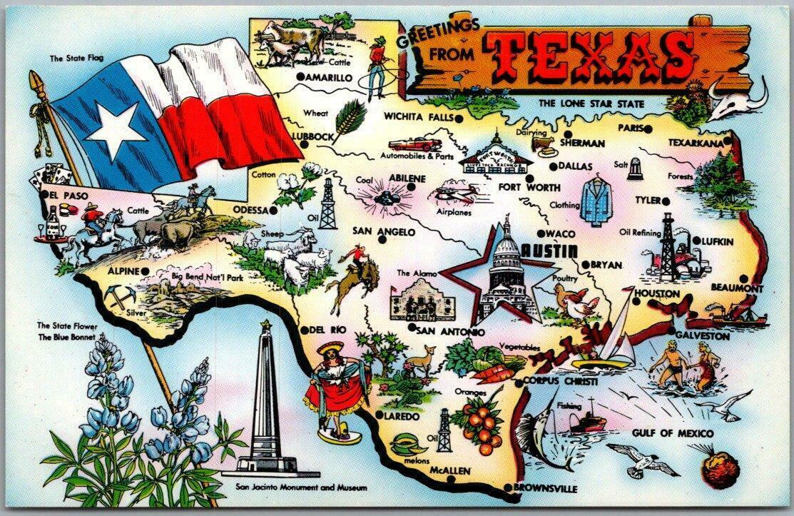 Vintage TEXAS Postcard State Map / Bird & Flower / Tichnor Chrome ...