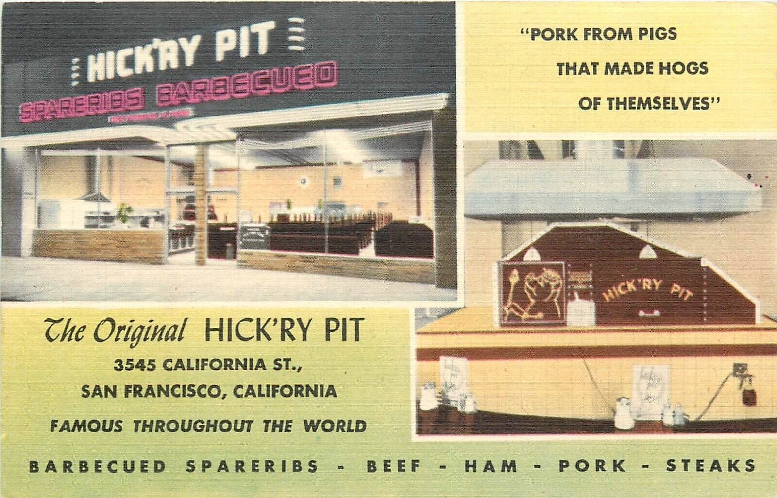1940s San Francisco California Hick'ry Pitt Postcard restaurant Willats ...