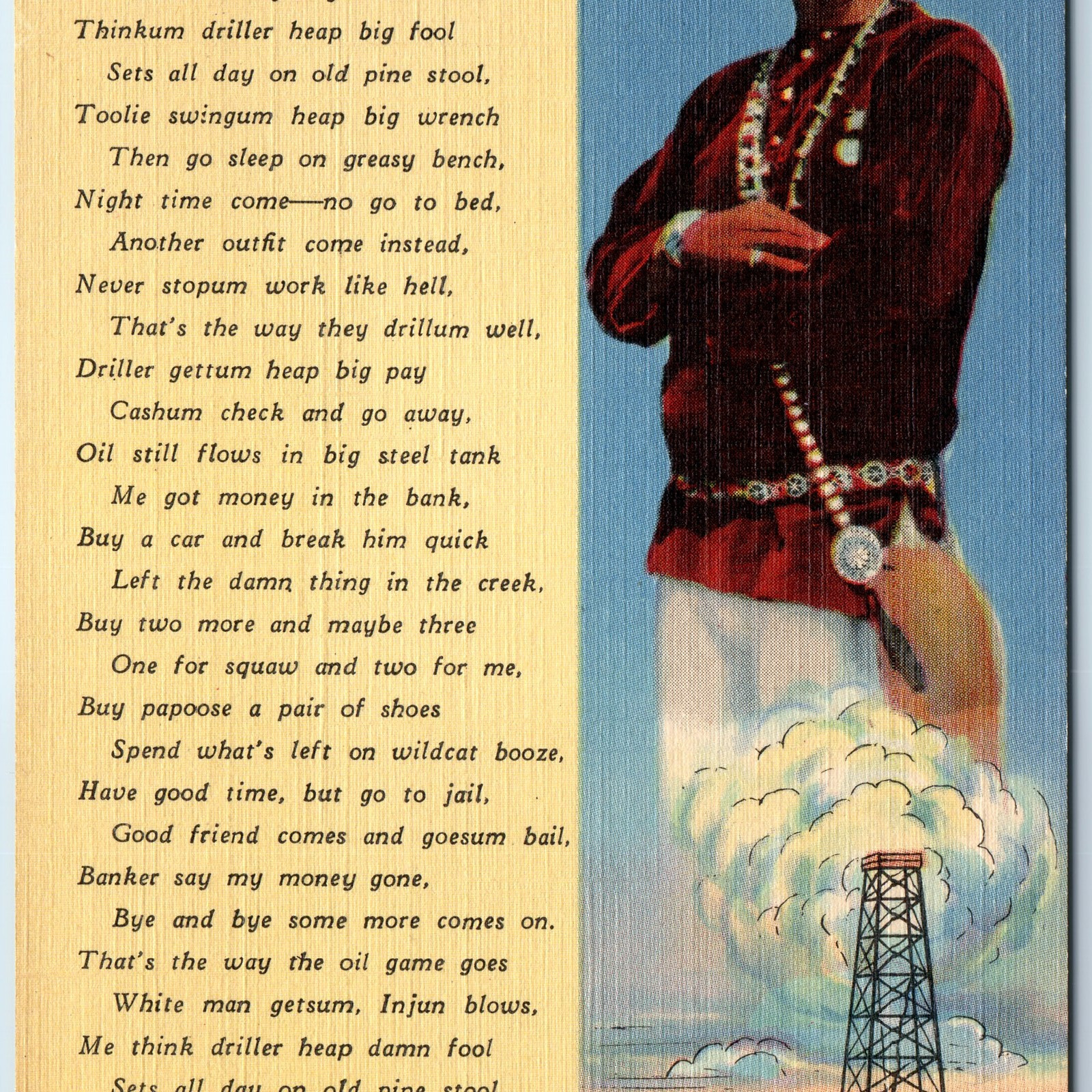 c1940s Indian vs Oil Humor Linen Postcard Native American Drilling Rig ...