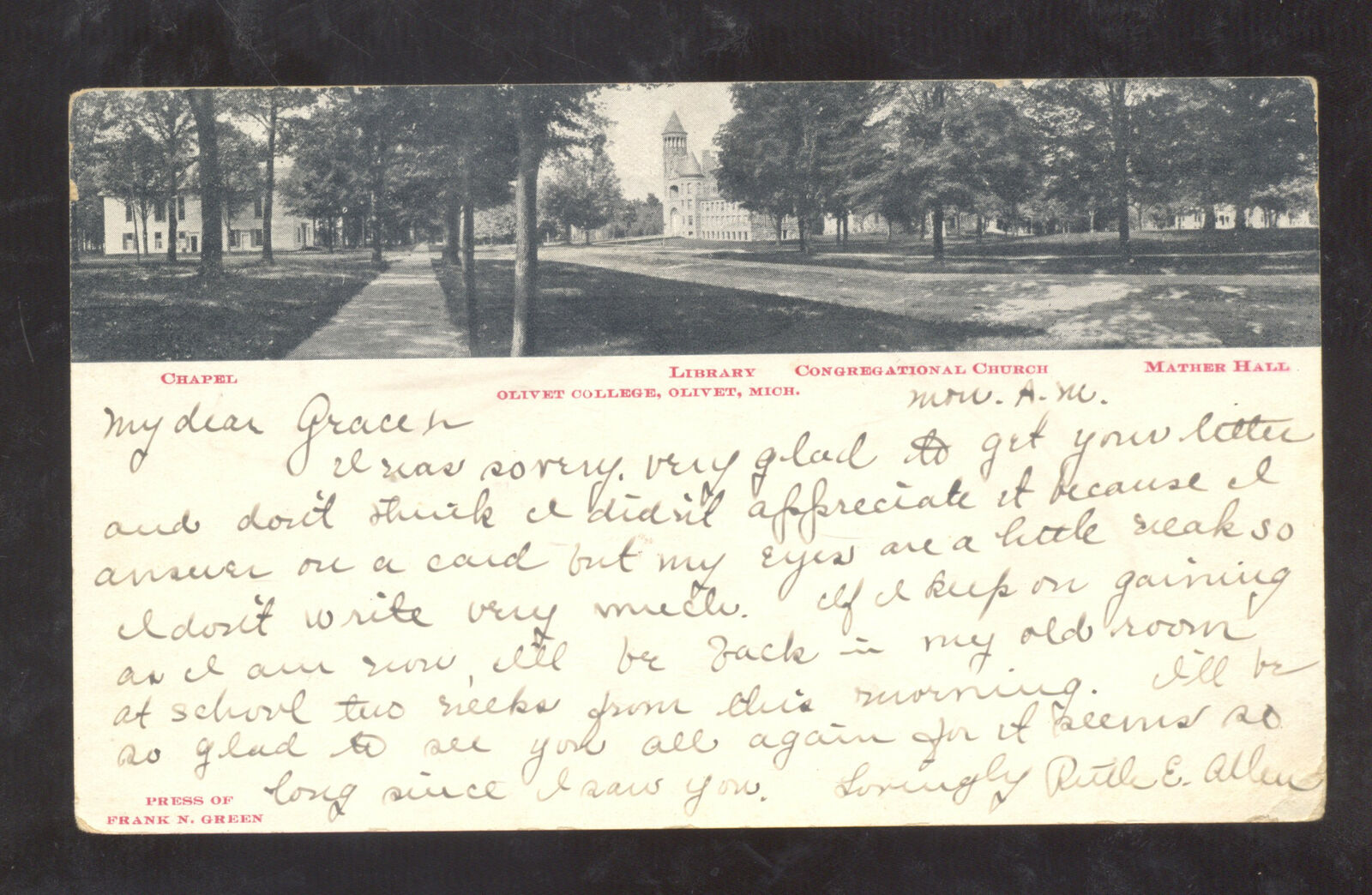 Olivet Michigan Olivet College Campus Vintage Postcard Cadillac Mich ...