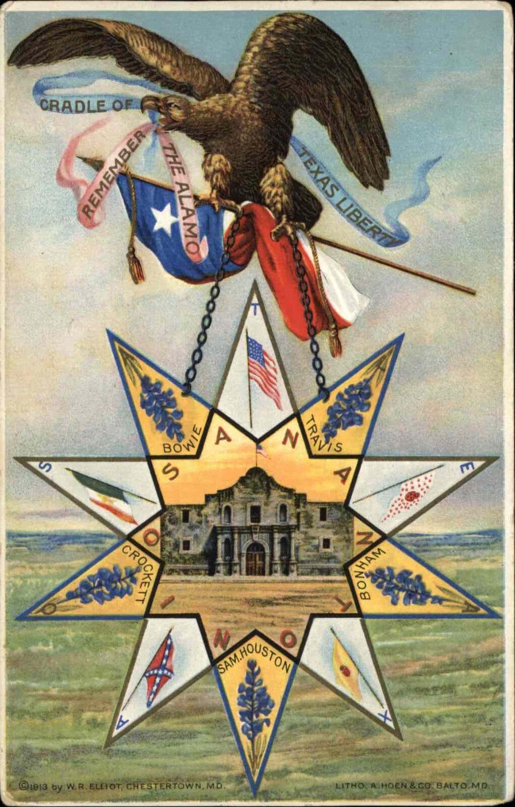 Texas Patriotic History Alamo Eagle Flag Famous Texans 1913 Postcard ...