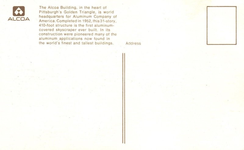 Vintage Postcard Alcoa Building Pittsburgh Golden Triangle Headquarters ...