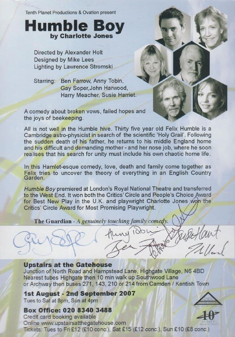 Humble Boy Charlotte Jones Hand Signed Highgate Theatre Flyer 6 Actor ...