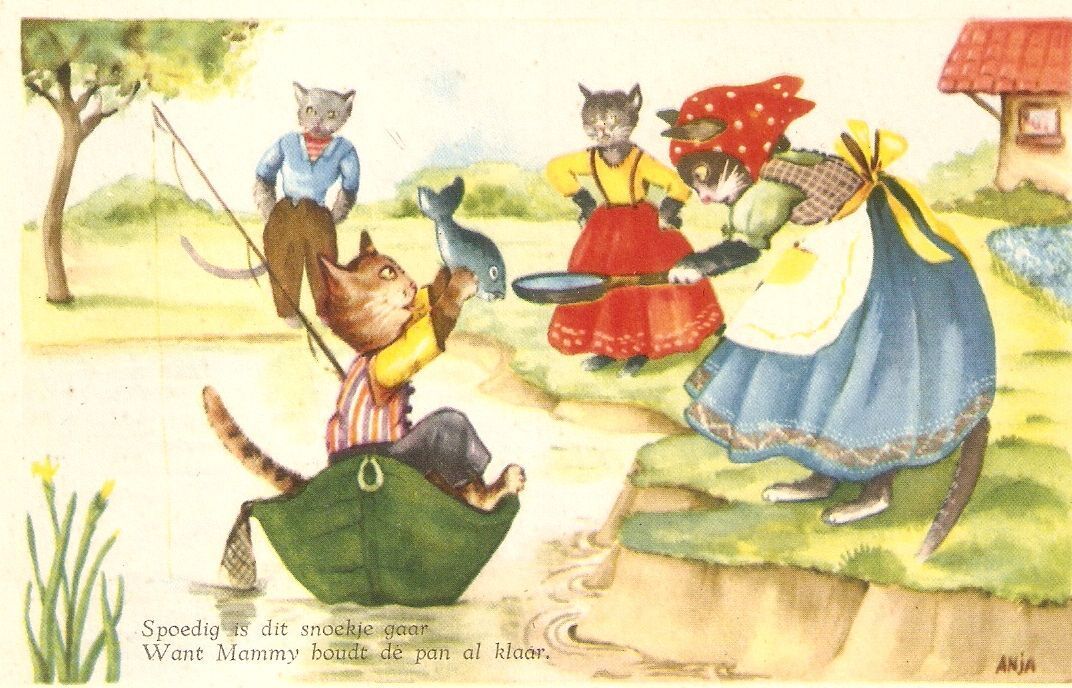"Humanized cats. Fishing day" Old vintage French Dutch artist drawn ...