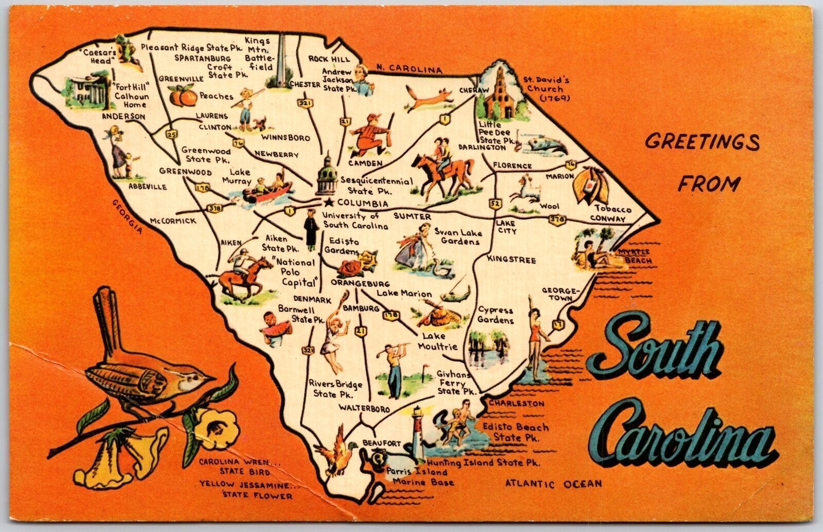 1966 Greetings From South Carolina SC Maps State Symbols Posted ...