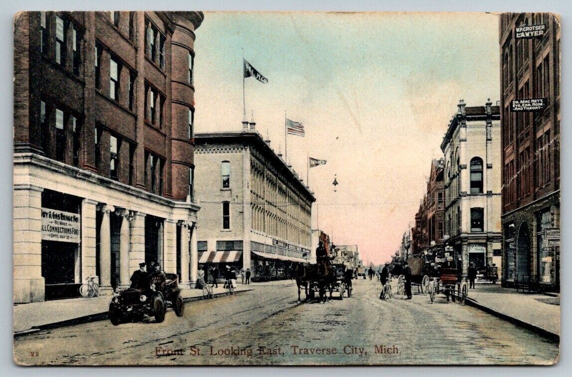 Traverse City Michigan Front Street Horse and Carriage Postcard c1910 ...