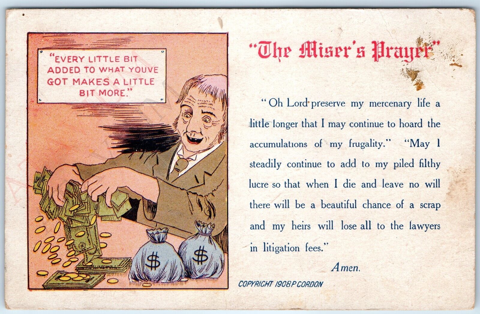 1908 Miser's Prayer PC Wealth Money Bags Coin Greed Usury Sin Corrupt ...