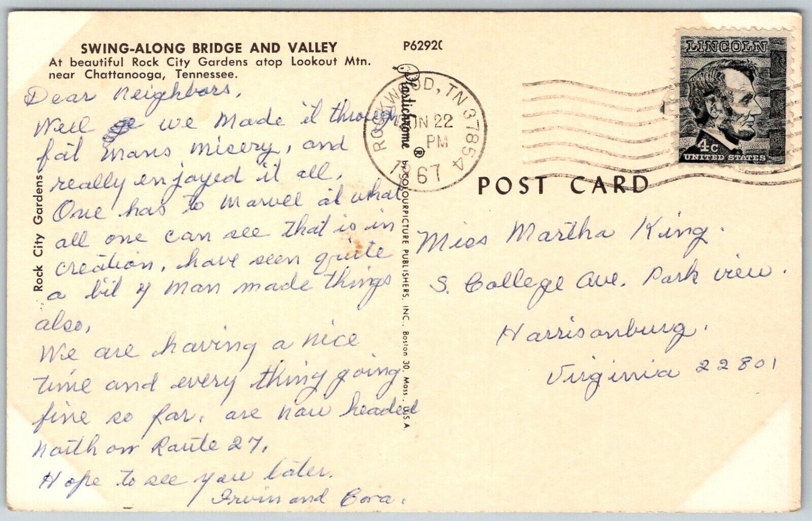 Chattanooga Tennessee 1967 Postcard Swing Along Bridge And Valley ...