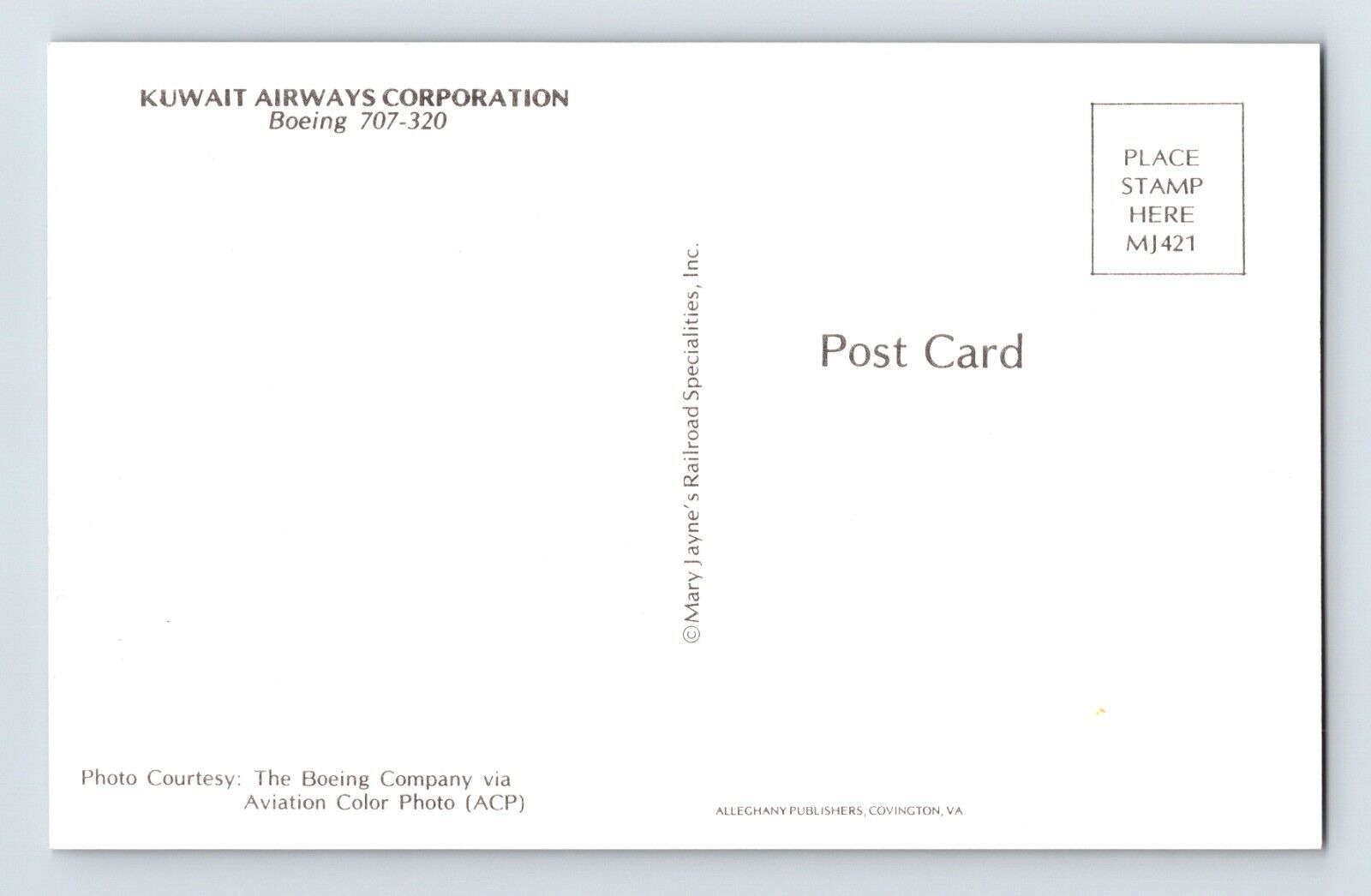 Postcard Kuwait Airlines Airplane Boeing 707-320 1980s Unposted Chrome ...