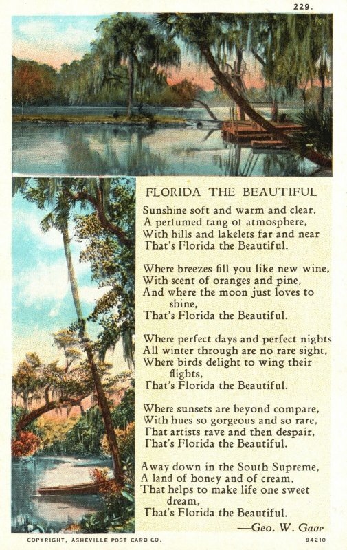 Vintage Postcard 1920's Florida The Beautiful Sunshine Poem by Geo W ...
