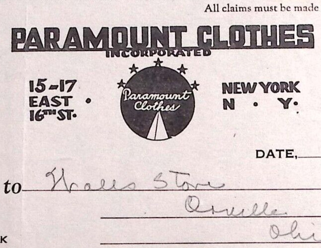 1938 Paramount Clothes New York Walls Store Orrville Billhead Statement ...