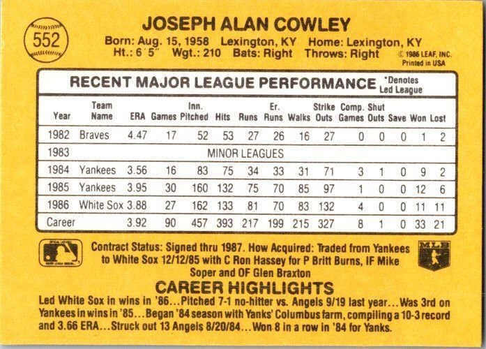 1987 Donruss Baseball Card Joe Cowley Philadelphia Phillies sk20385 ...