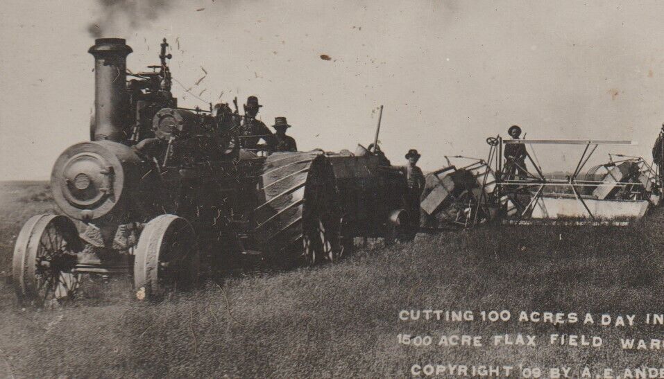 Warwick NORTH DAKOTA RPPC 1909 STEAM ENGINE Tractor HARVESTING FLAX nr ...