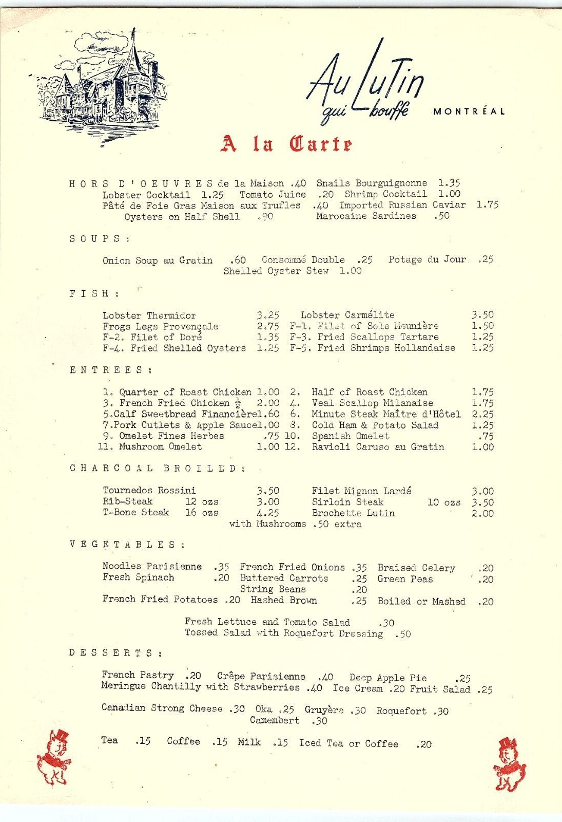 1950-60S AU Lutin QUI Bouffe Montreal Canada Menu a LA Carte Piglets ...