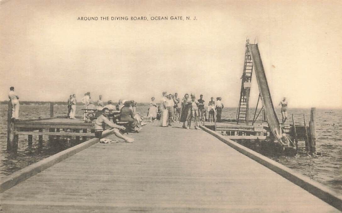 Vintage Around Diving Board Slide People Scene Ocean Gate New Jersey NJ ...