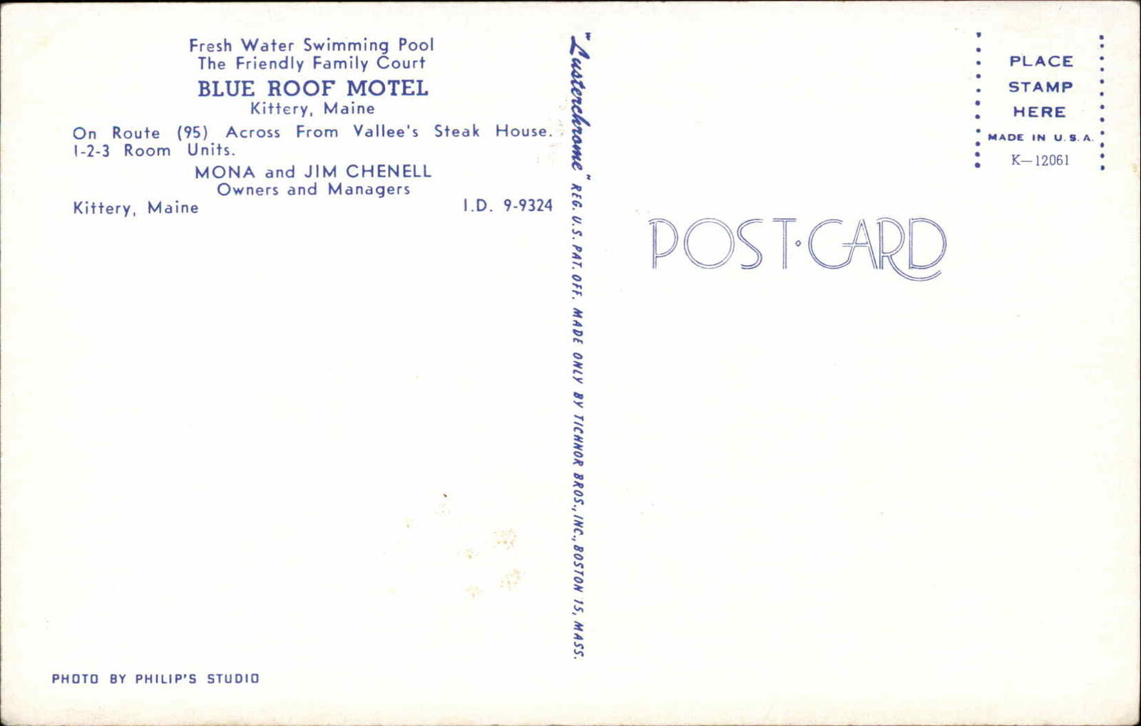 Kittery Maine ME Blue Roof Motel Swimming Pool c1950s-60s Postcard ...