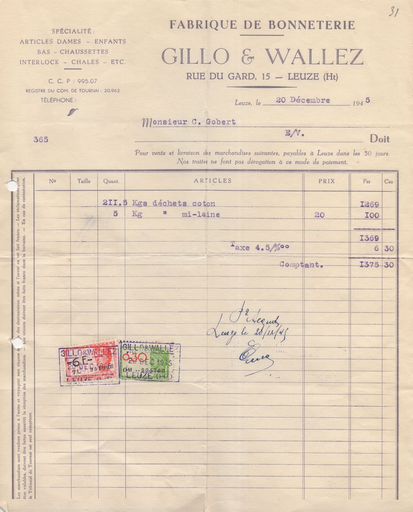 Fabrique De Bonneterie Hosiery Leuze Factory Lingerie Belgium WW2 ...