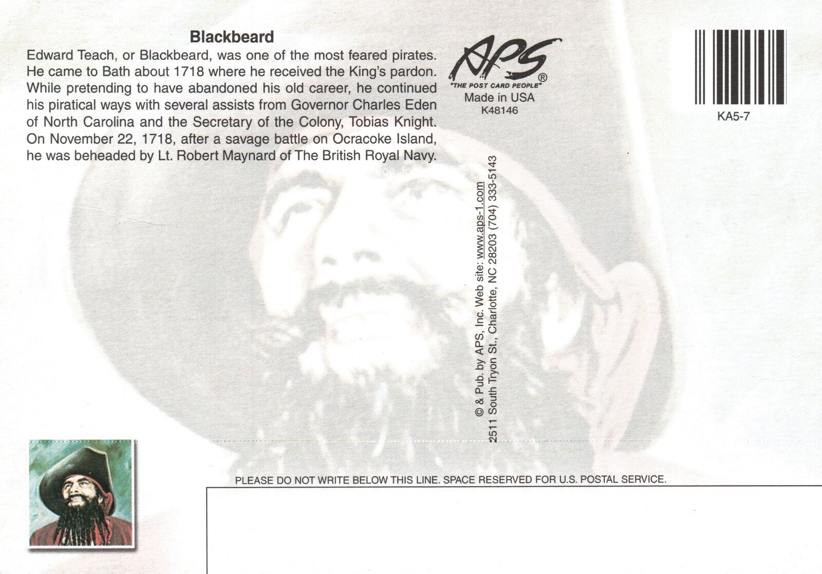 Vintage Continental Size Postcard Edward Teach Also Known as Pirate ...