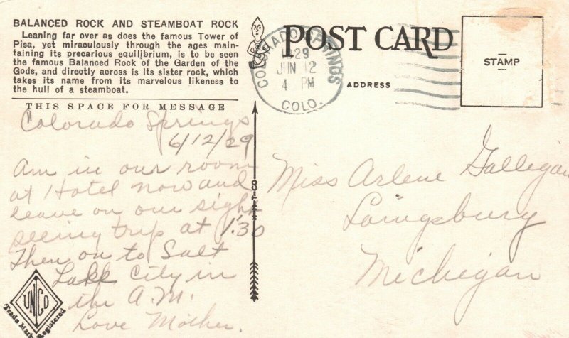 Vintage Postcard 1929 Balanced Rock & Steamboat Rock Garden of Gods ...