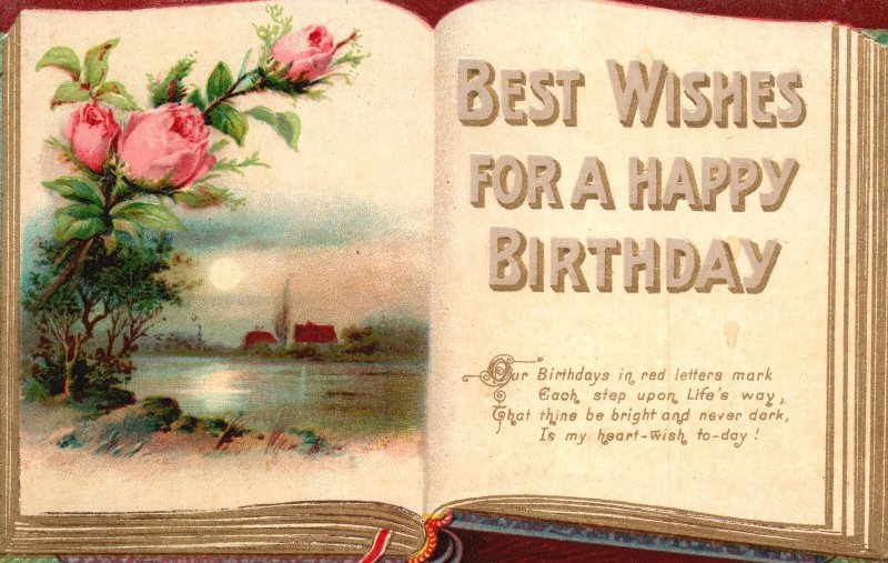 Vintage Postcard Best Wishes For A Happy Birthday Book And Landscape ...