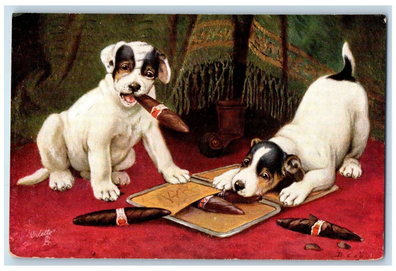 New York NY Postcard Two Jack Russell Dogs Biting Tobacco 1907 Oilette ...